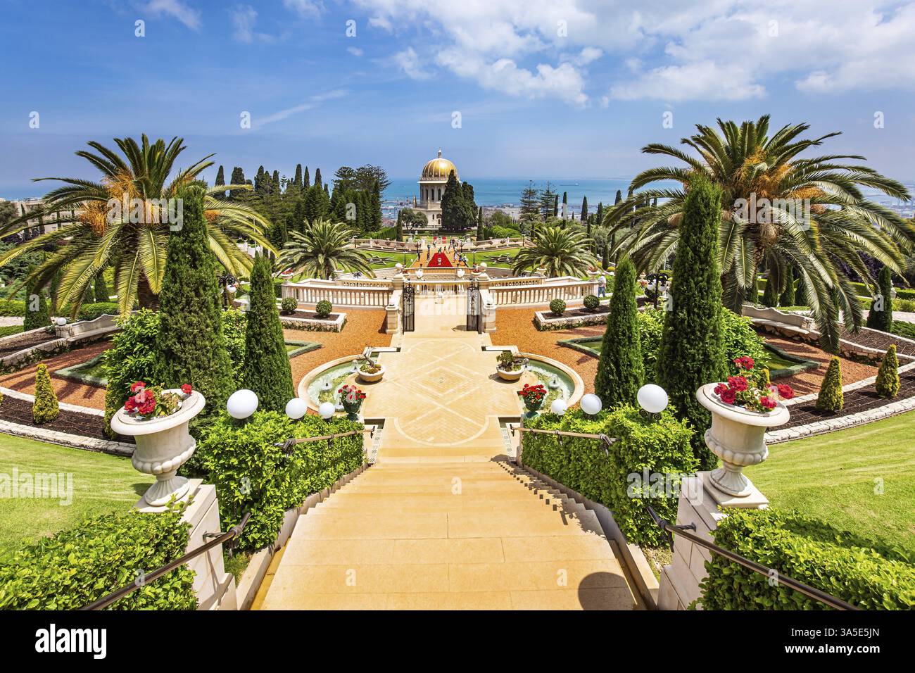 Israel. Bahai World Center. Magnificent colonnade with a gilded dome ...