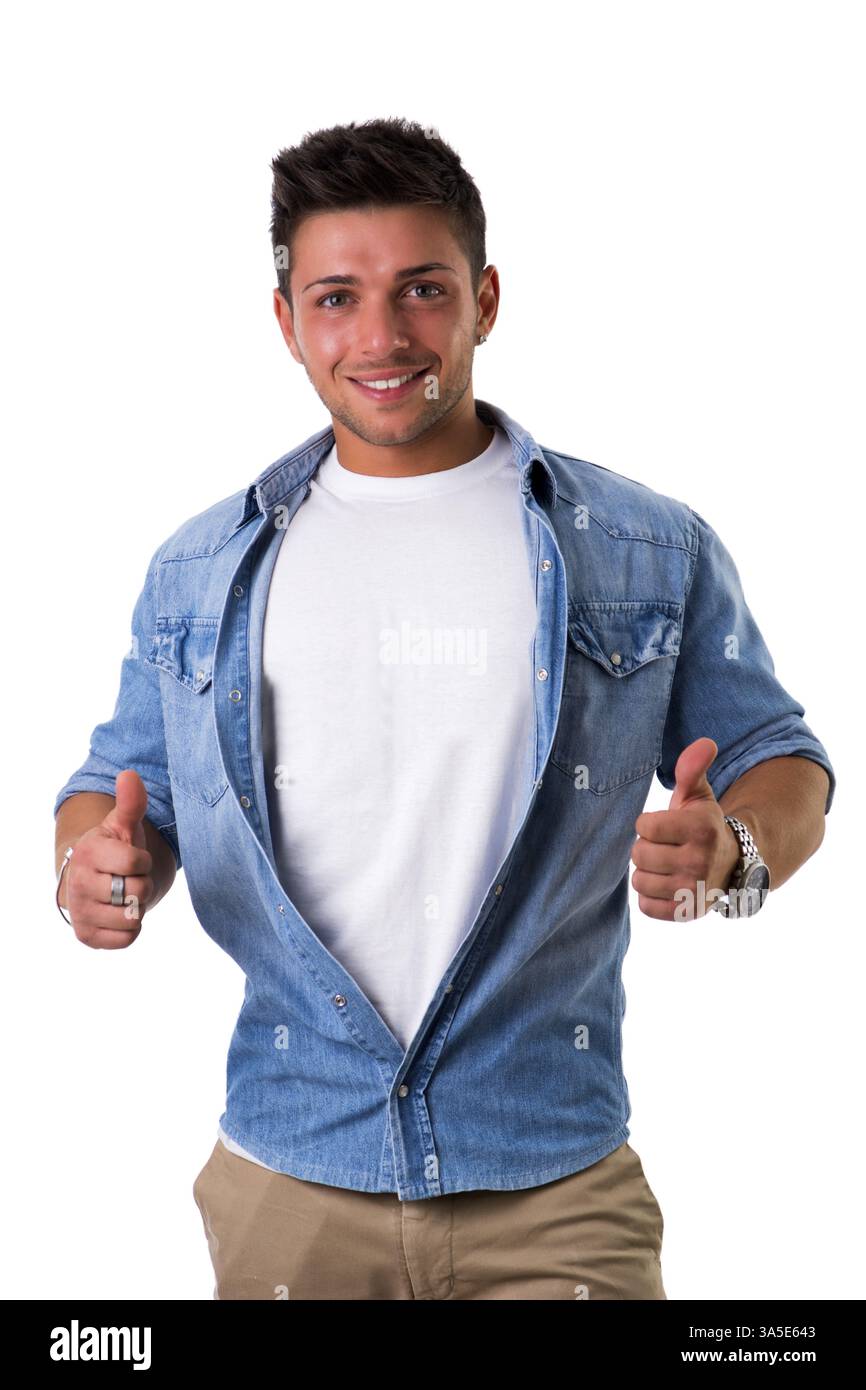Handsome young man opening shirt on chest, revealing white t-shirt ...
