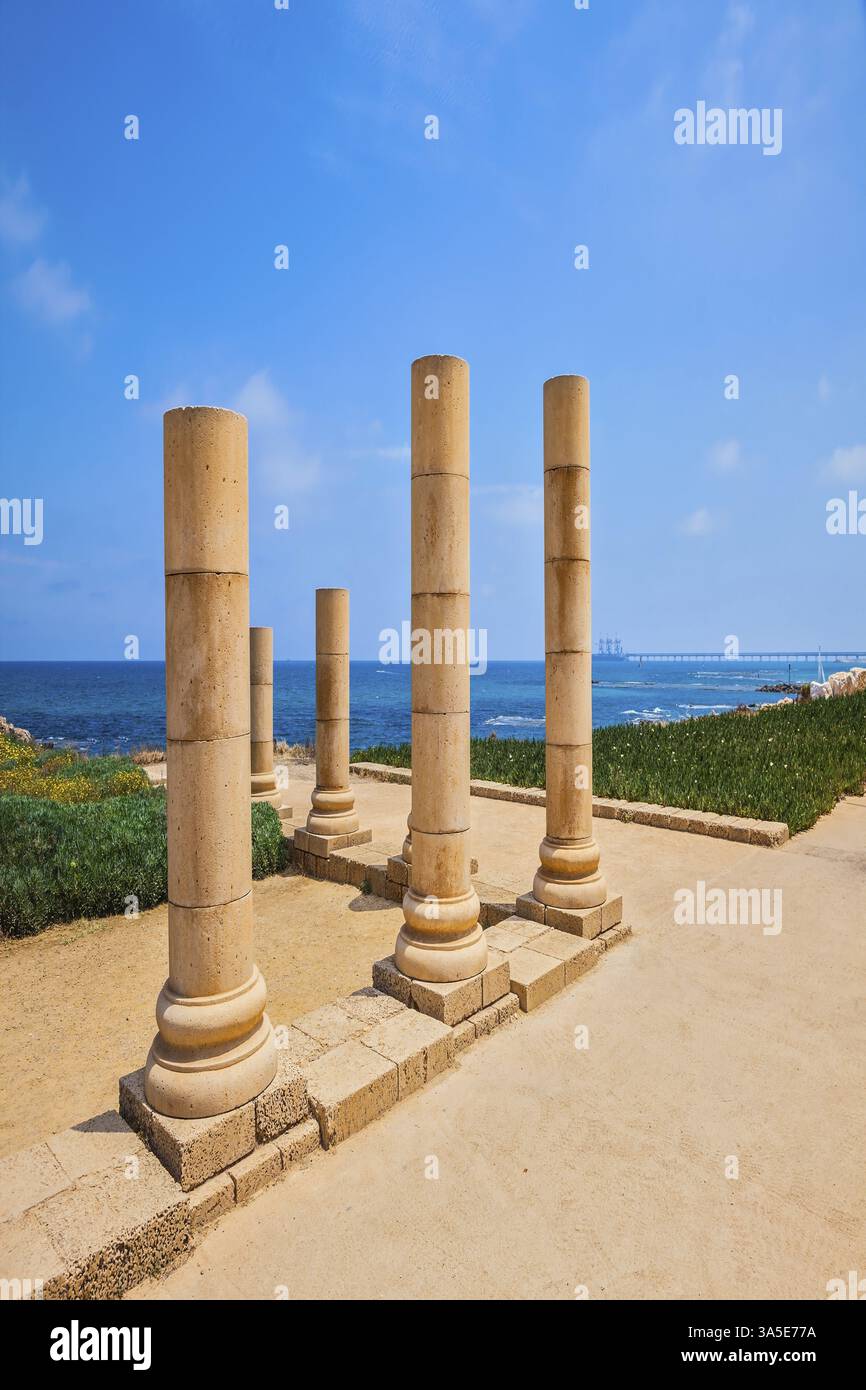 National Park Caesarea on Mediterranean coast, Israel. Ancient columns ...