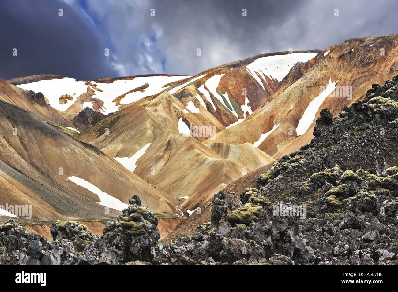 The orange and beige rhyolite mountains with snow in the hollows ...