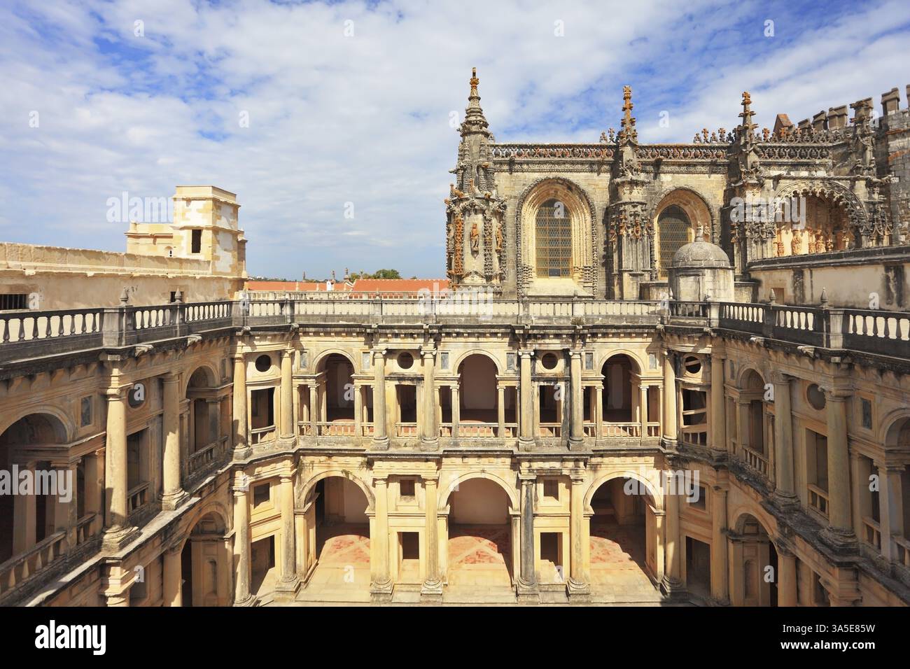 The imposing medieval castle of the Knights Templar and the bell tower ...