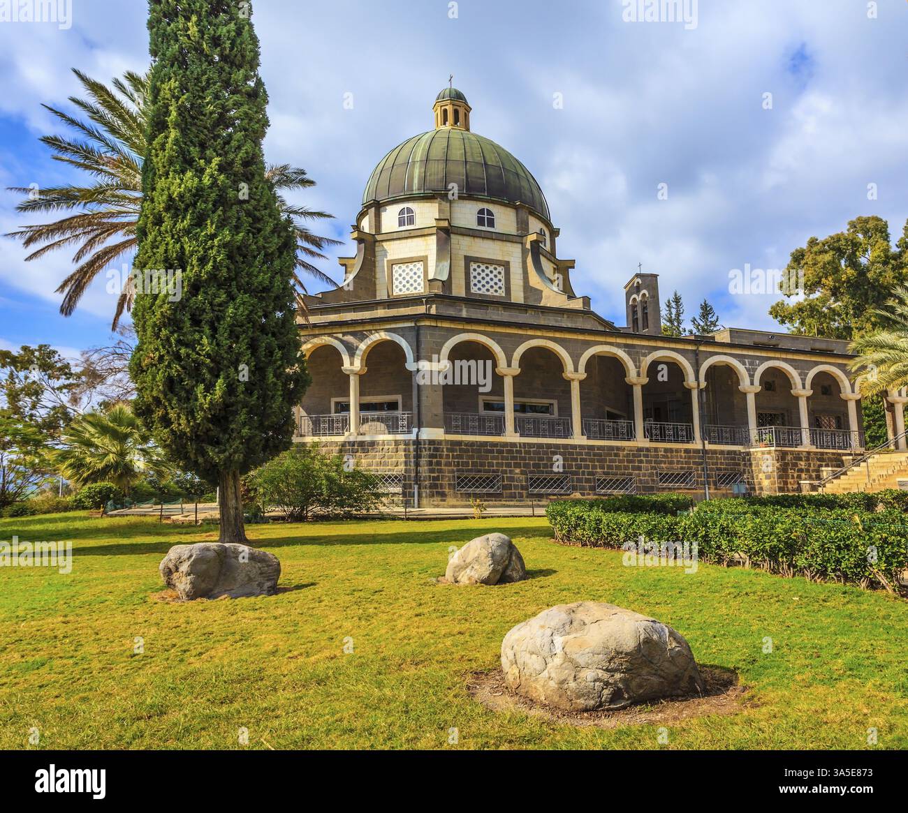 Basilica of the monastery of Mount Beatitudes. The magnificent dome ...
