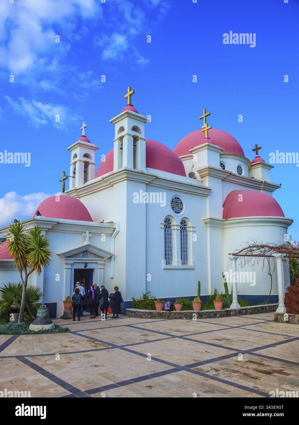 Greek church of the Cathedral of the twelve apostles. Pink domes and ...