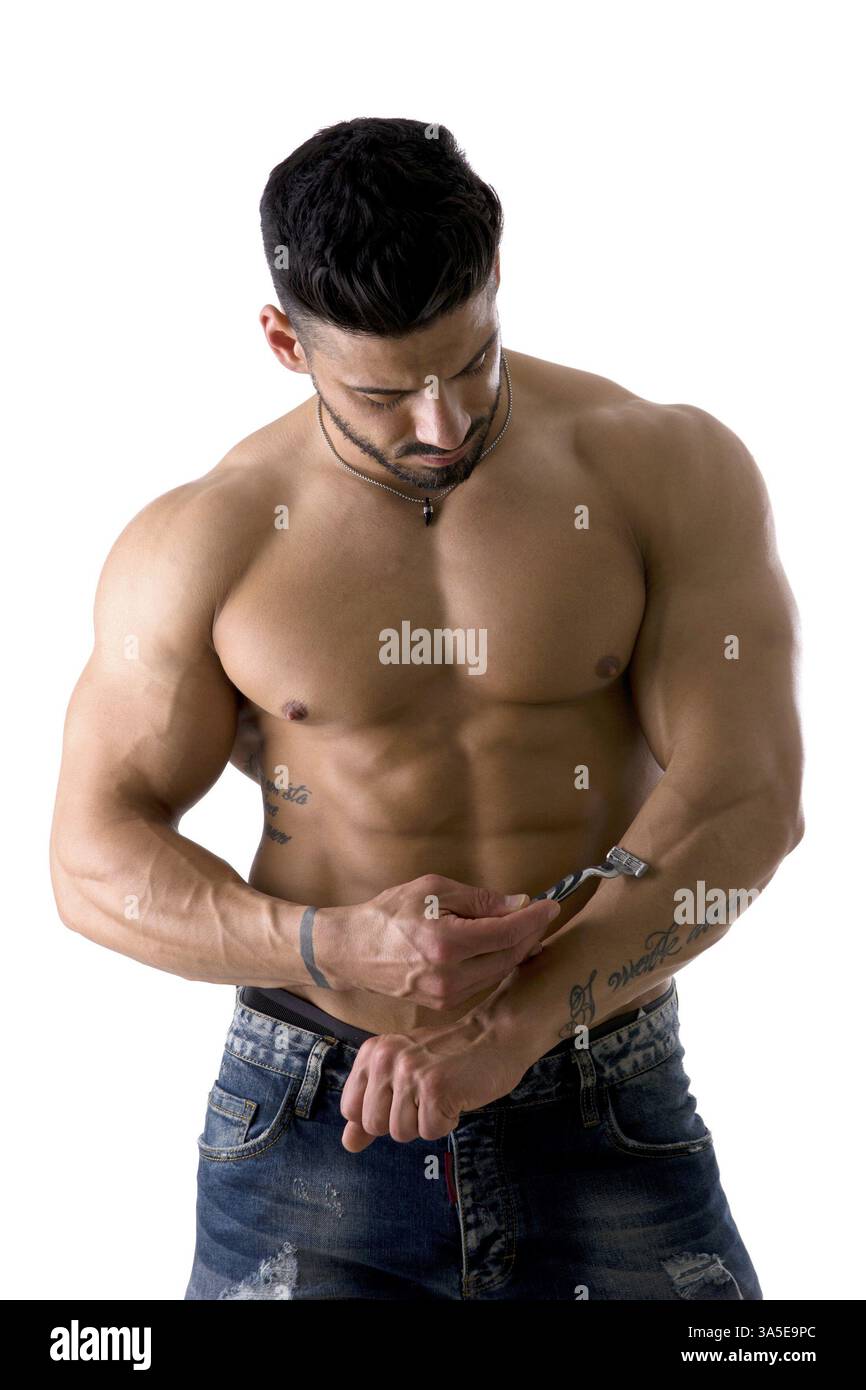 Close up Handsome Muscled Man Shaving his Forearm with Manual Shaver ...