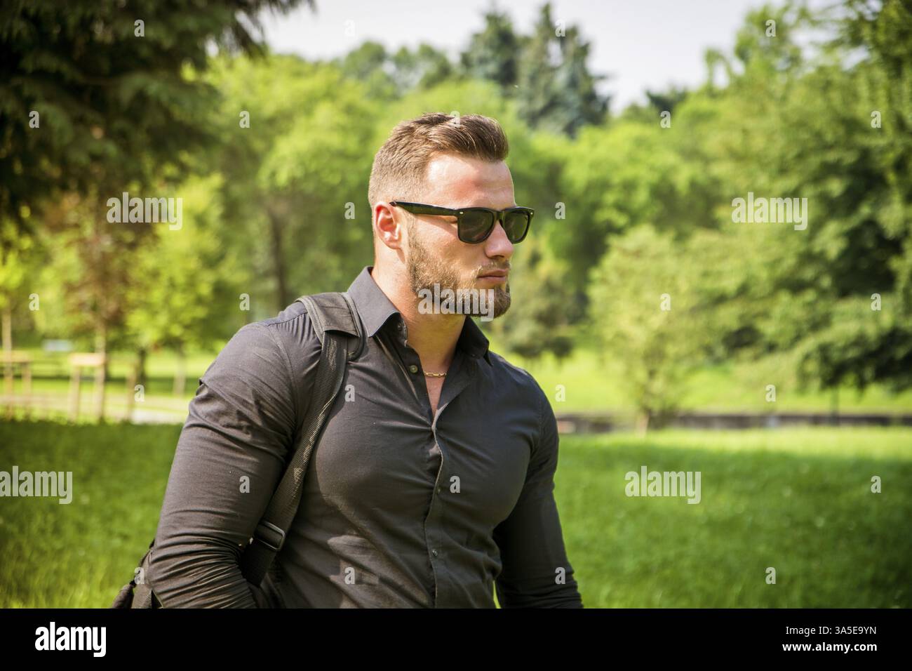 Handsome Muscular Hunk Man Outdoor in City Park, During Daytime ...