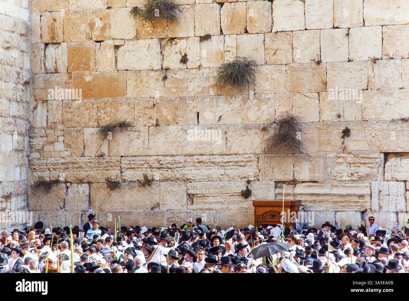 Huge crowd of praying Jews in the square in front of the Western Wall ...