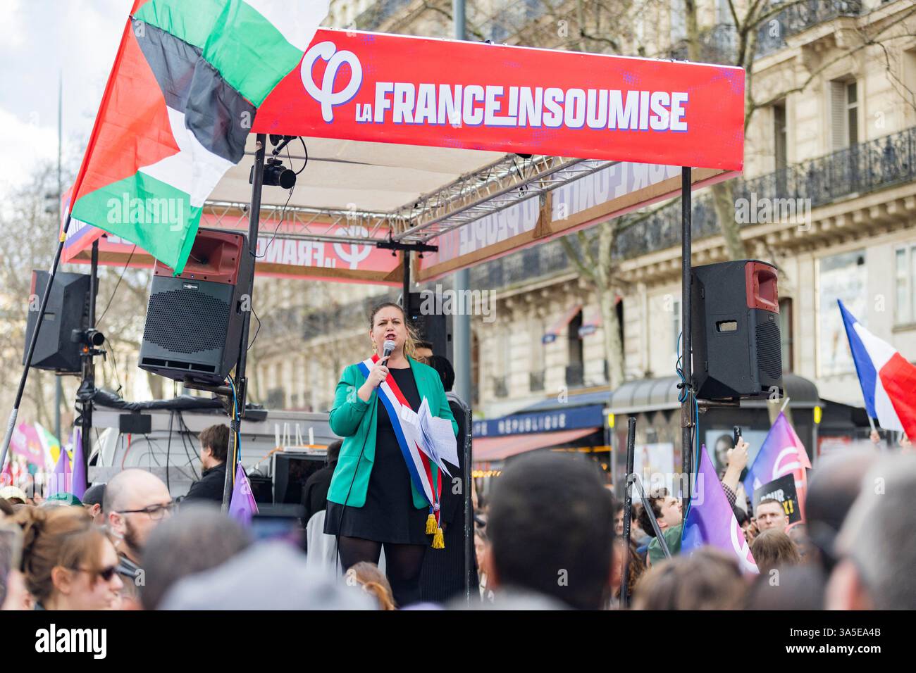 LFI MP Mathilde Panot speaks to the crowd at the march against racism ...