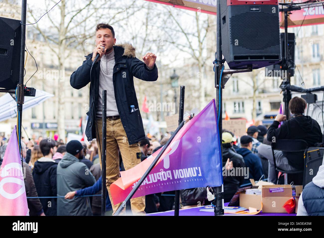 LFI MP Raphael Arnault speaks to the crowd at the march against racism ...