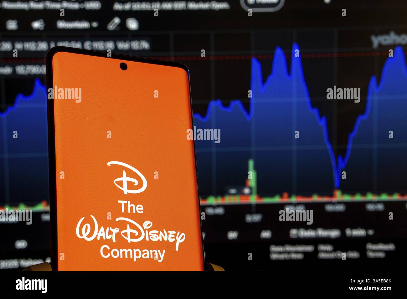 Walt Disney logo screen on a smartphone and the financial market chart ...