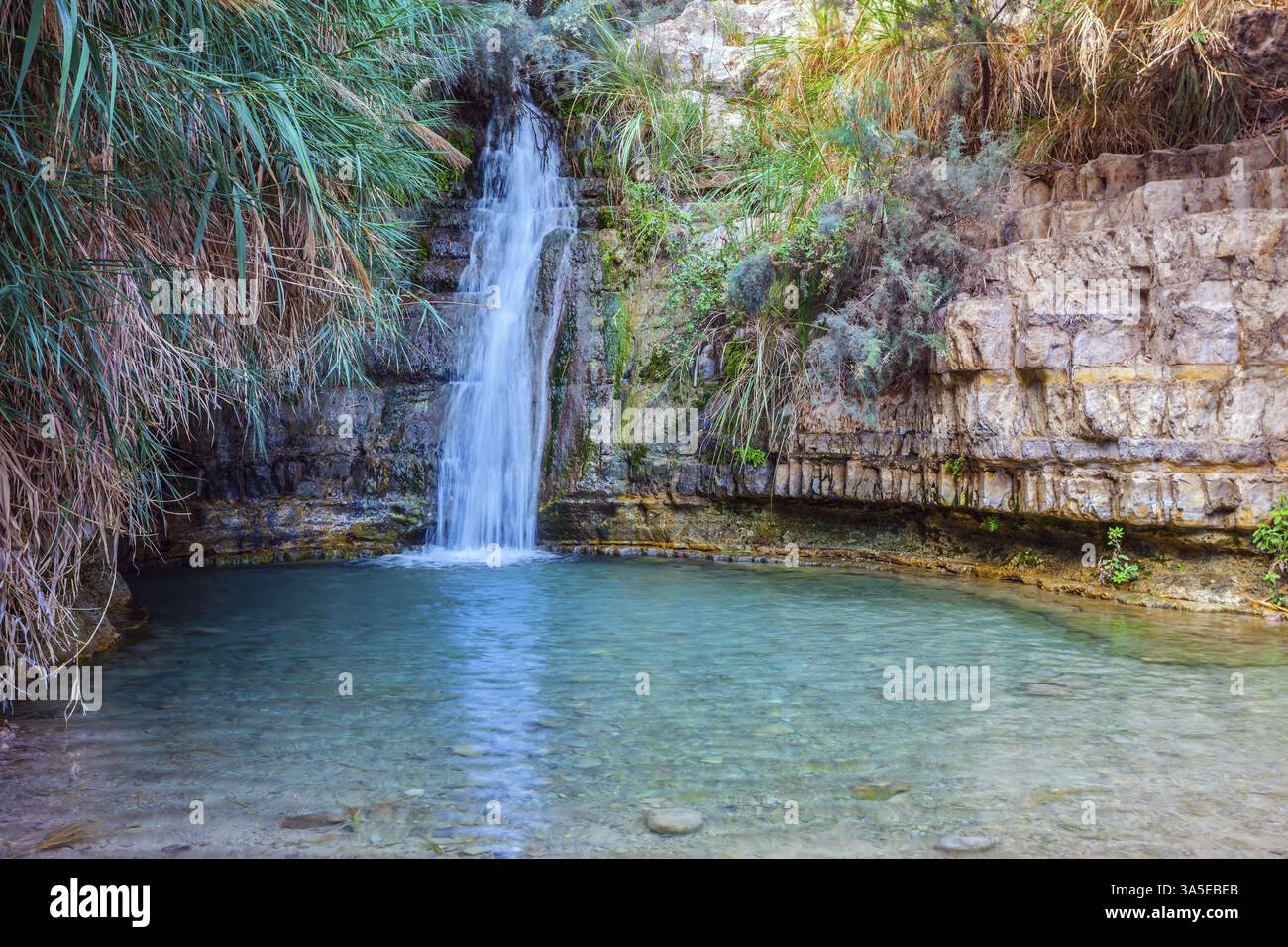 The beautiful waterfall and small deep lake with emerald water. Walk in ...