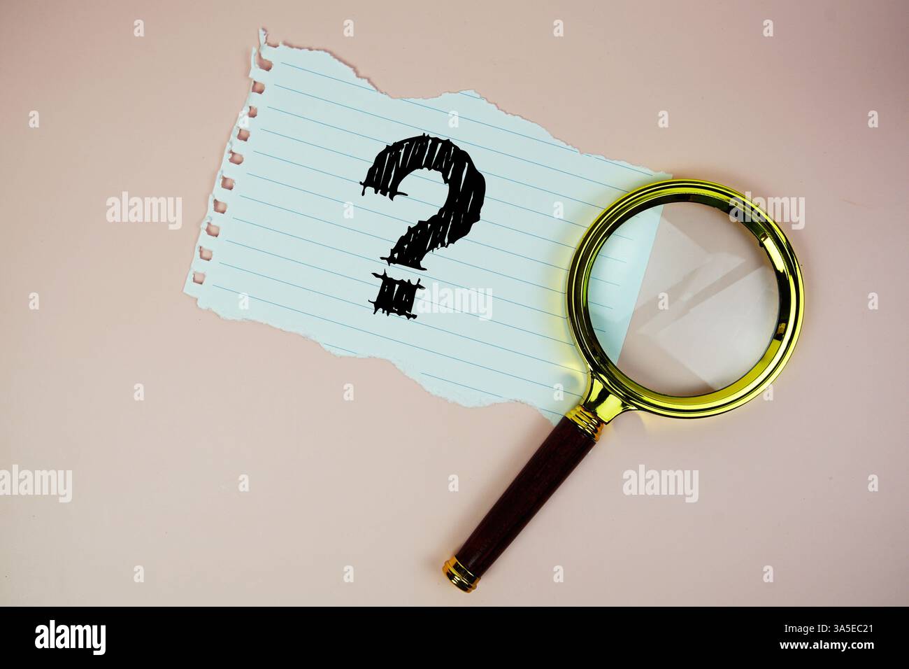 Question Mark text written on paper with magnifying glass flat lay on ...