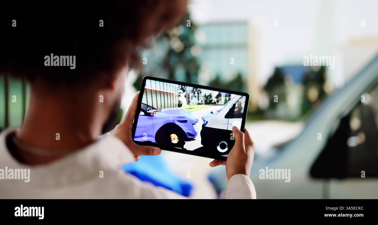 Insurance adjuster documenting car damages for accident claim with ...