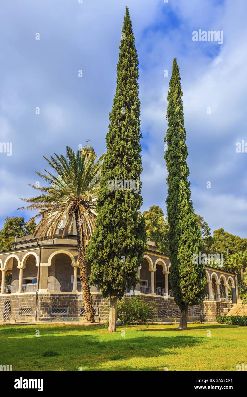 Israel, the shores of Lake Kinneret. Catholic monastery and a small ...