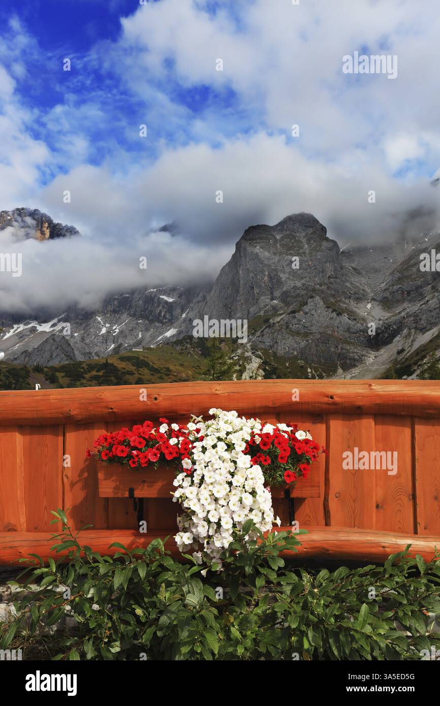 Large tourist center in the majestic Austrian Alps. Fence cozy cafe is ...
