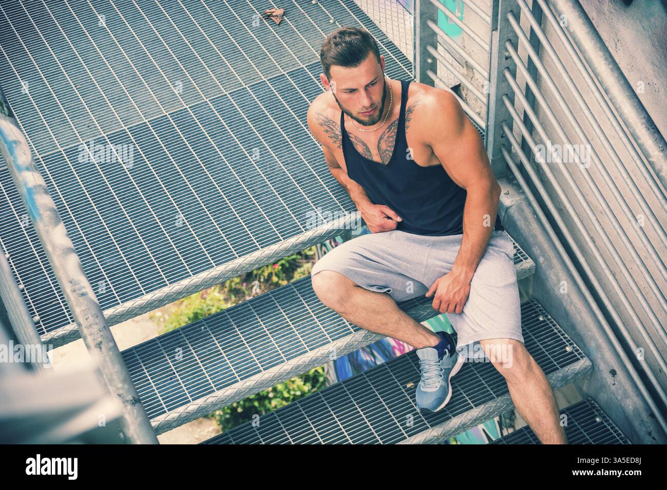 Handsome Muscular Hunk Man Outdoor in City Setting. Showing Healthy ...