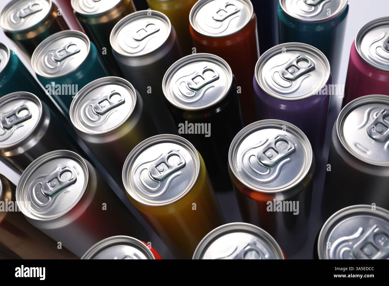 Many aluminium cans of beverage as background, above view Stock Photo ...