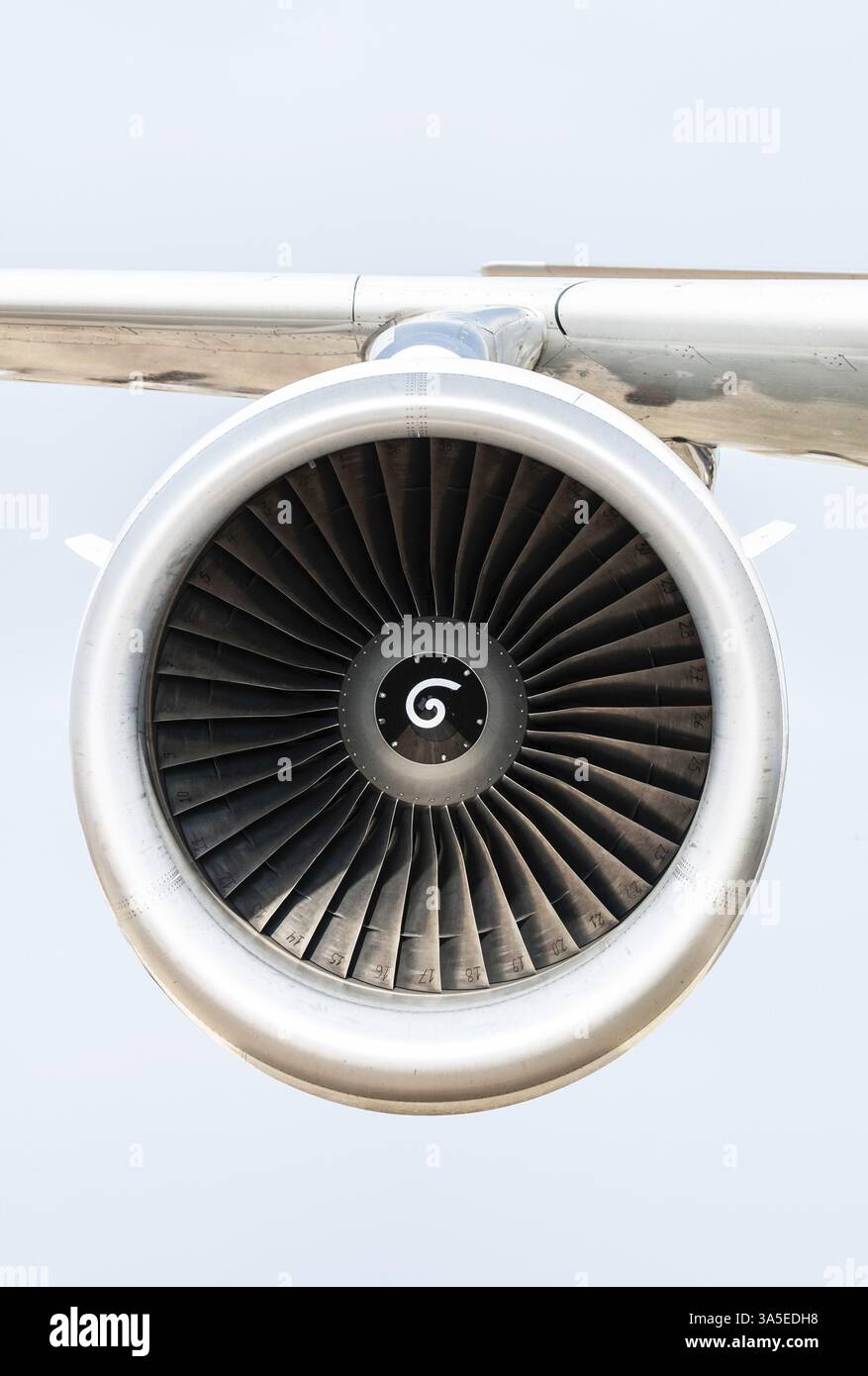 Jet engine on the airplane wing. Close-up frontal view of the jet ...