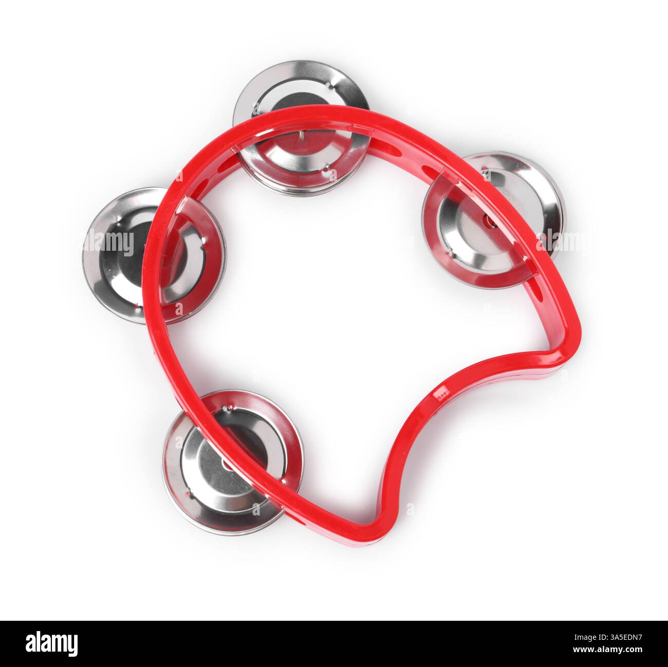 Red toy tambourine isolated on white, top view. Child's musical ...