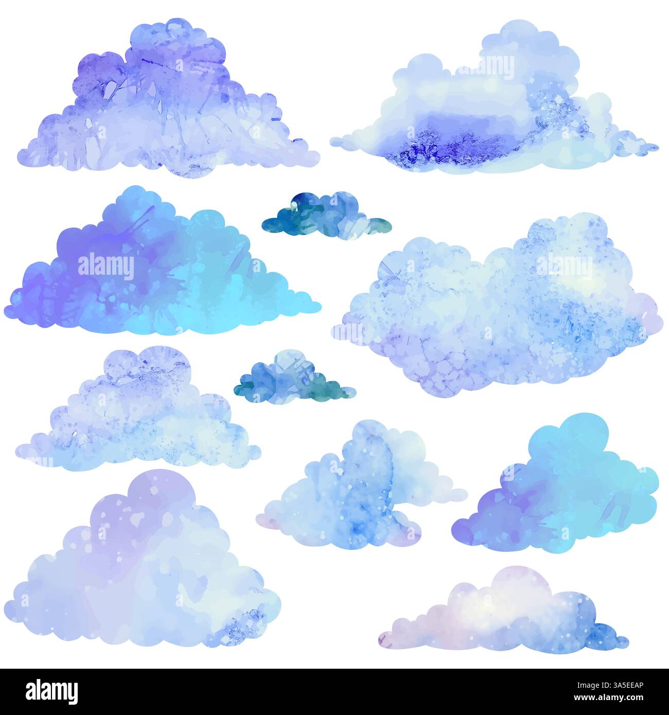 Vector set of blue watercolor clouds isolated from background. Paint ...