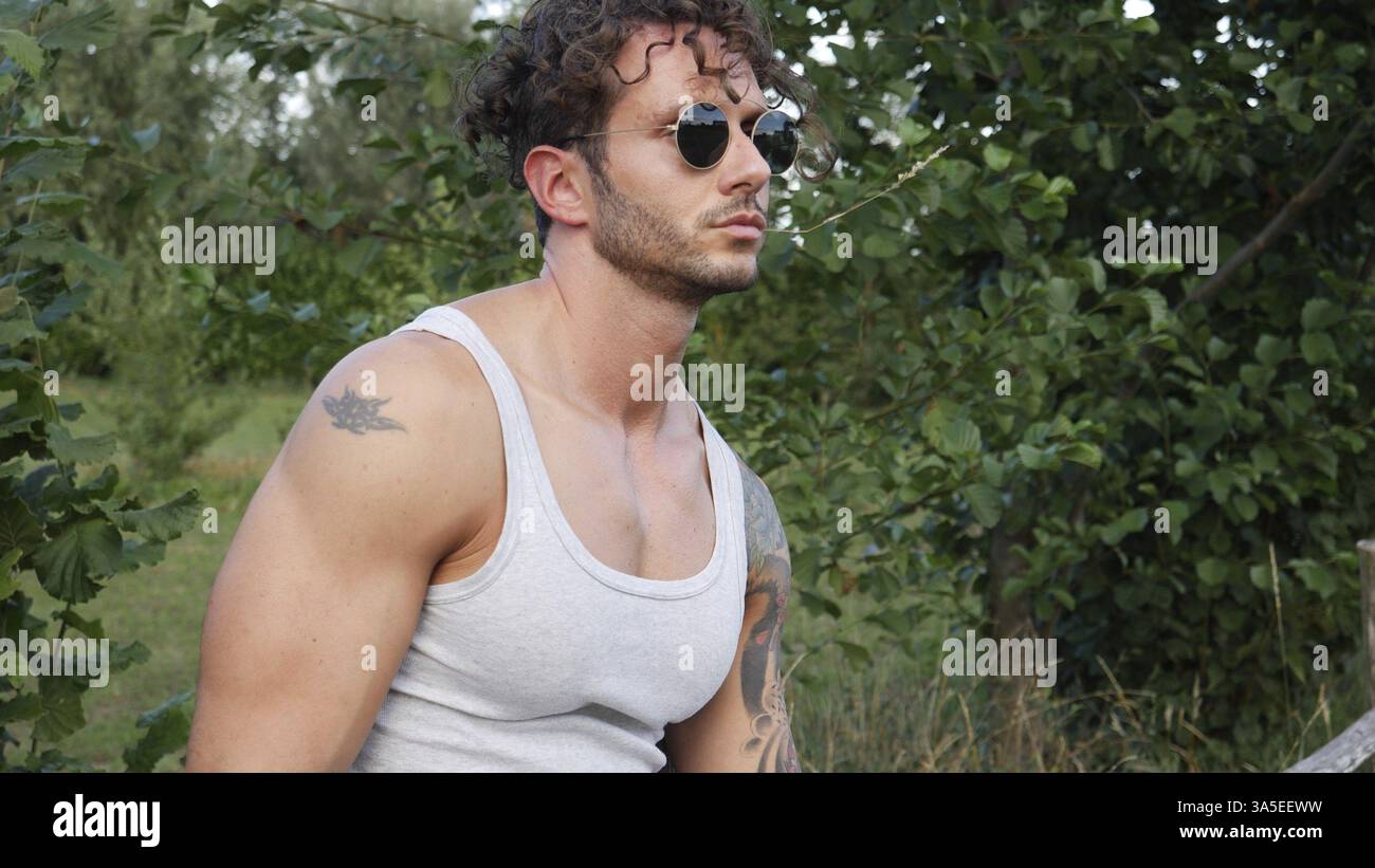 Handsome Muscular Hunk Man Outdoor in Countryside Standing on Grass ...