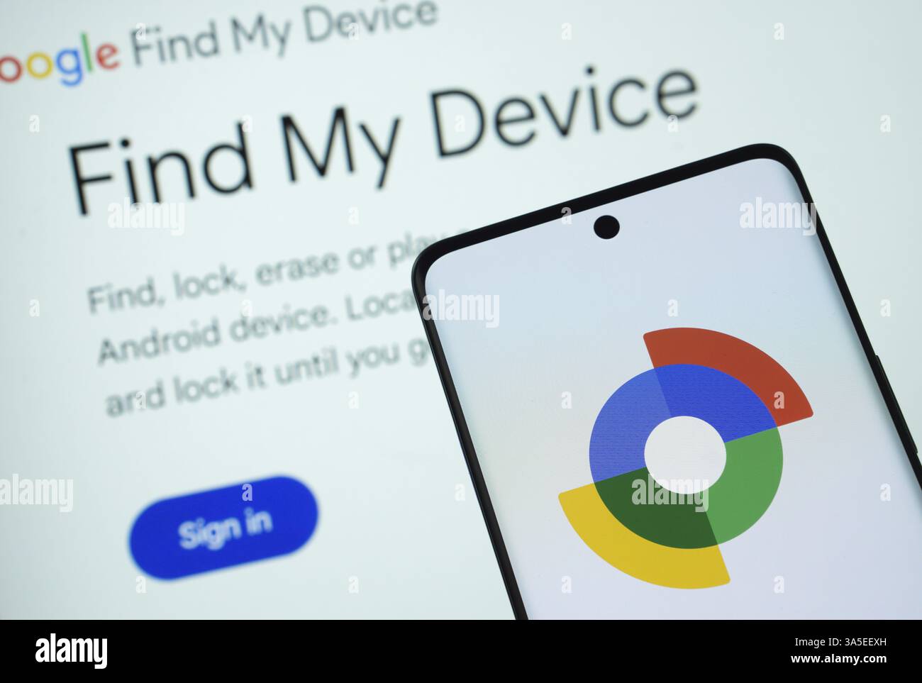 The logo of the Google Find my device is displayed on a smartphone ...