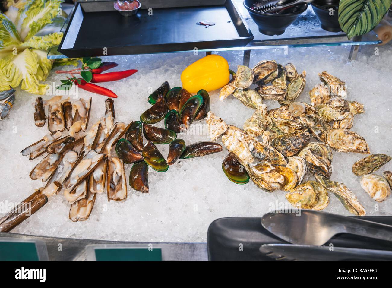 Asian seafood in buffet at the hotel restaurant in Asia. Fresh oysters ...