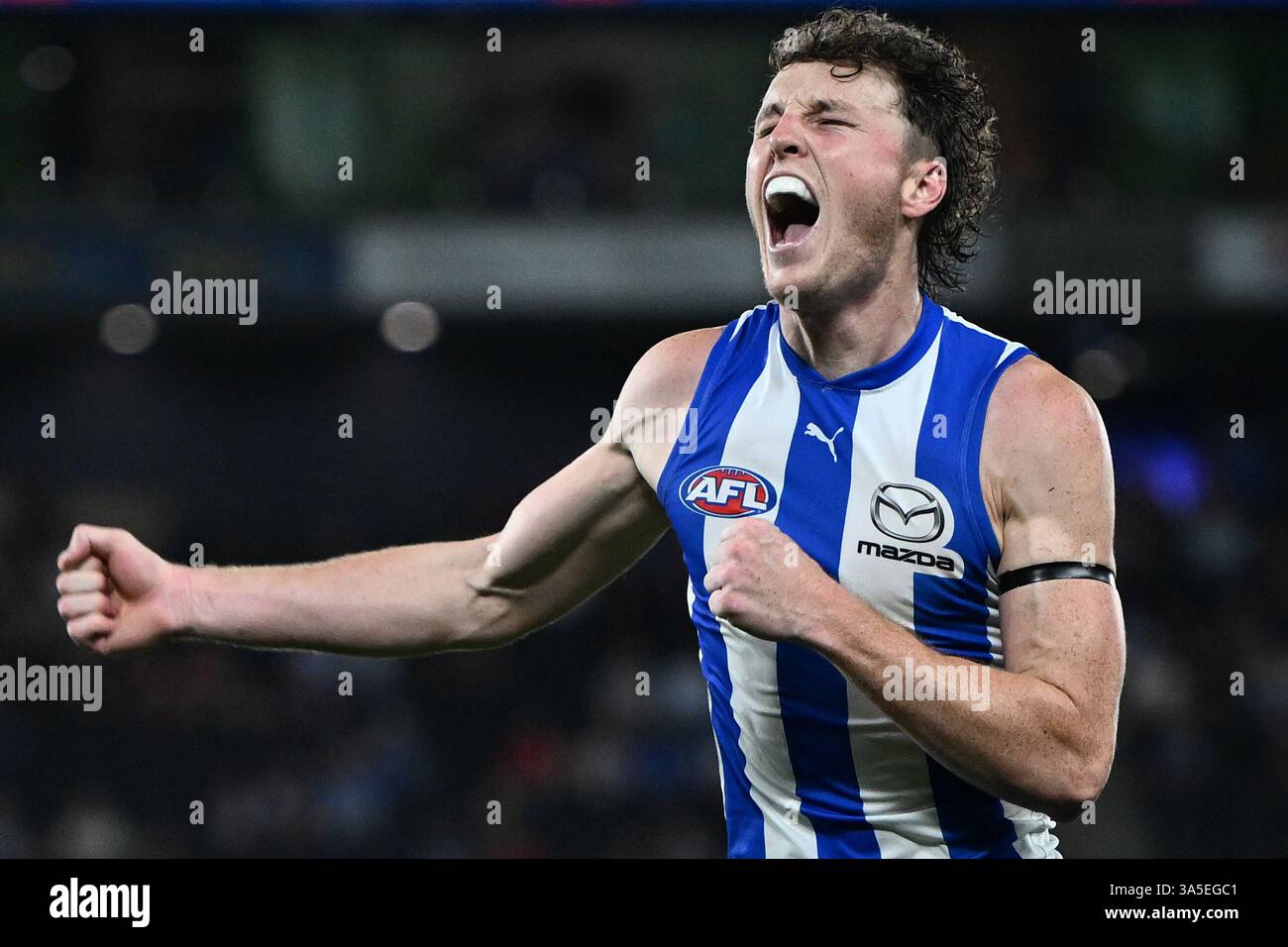 Nick Larkey of North Melbourne celebrates scoring a goal during the AFL ...