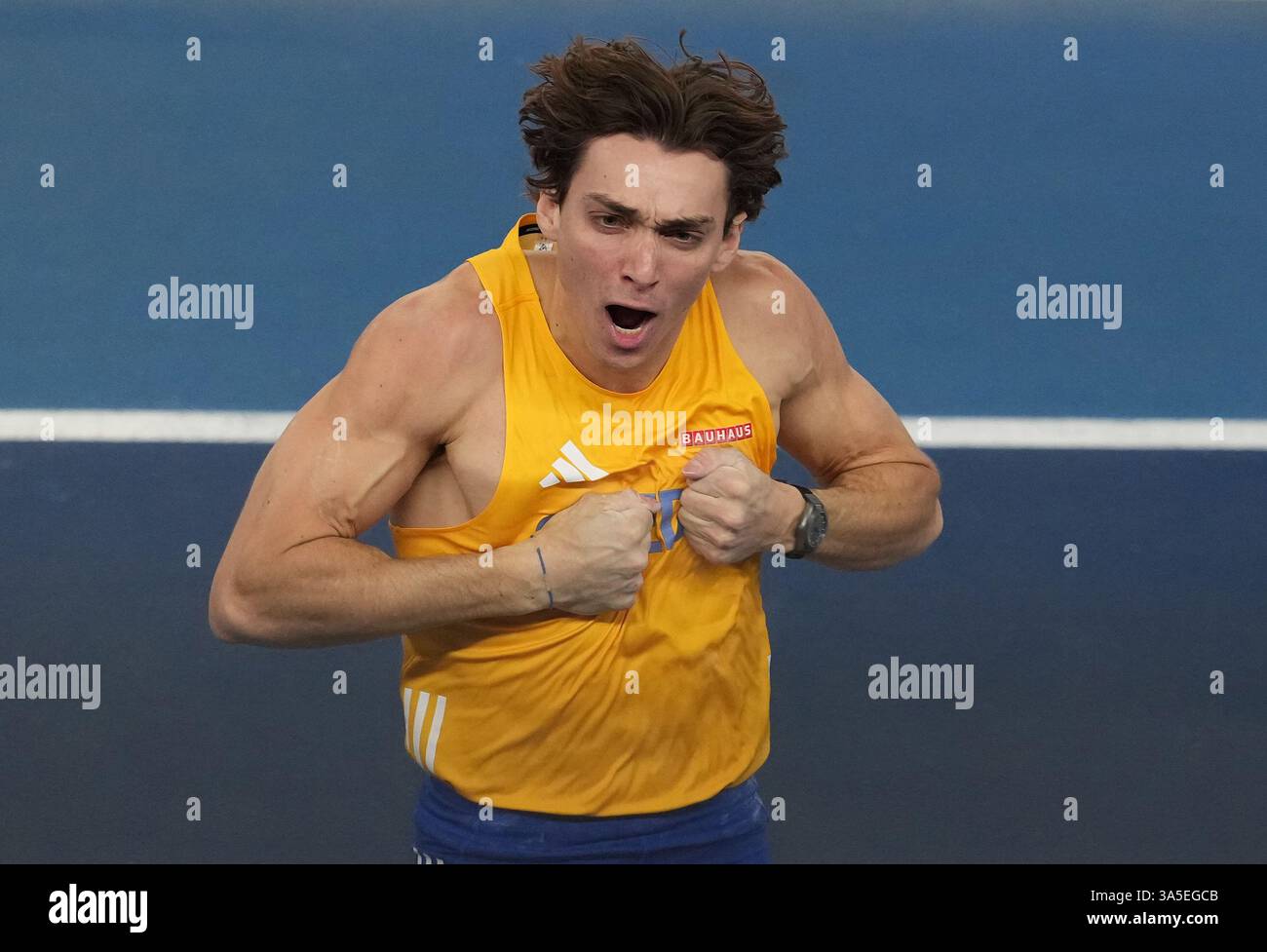 Beijing, China's Jiangsu Province. 22nd Mar, 2025. Armand Duplantis of Sweden reacts after ...