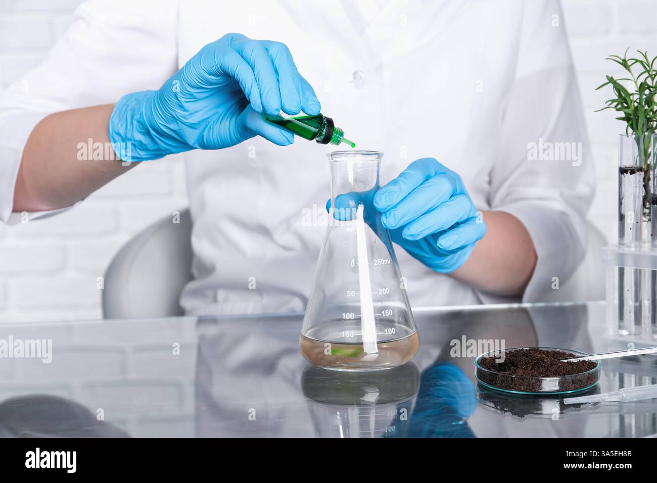 Laboratory testing. Scientist dripping liquid into flask with sample at ...
