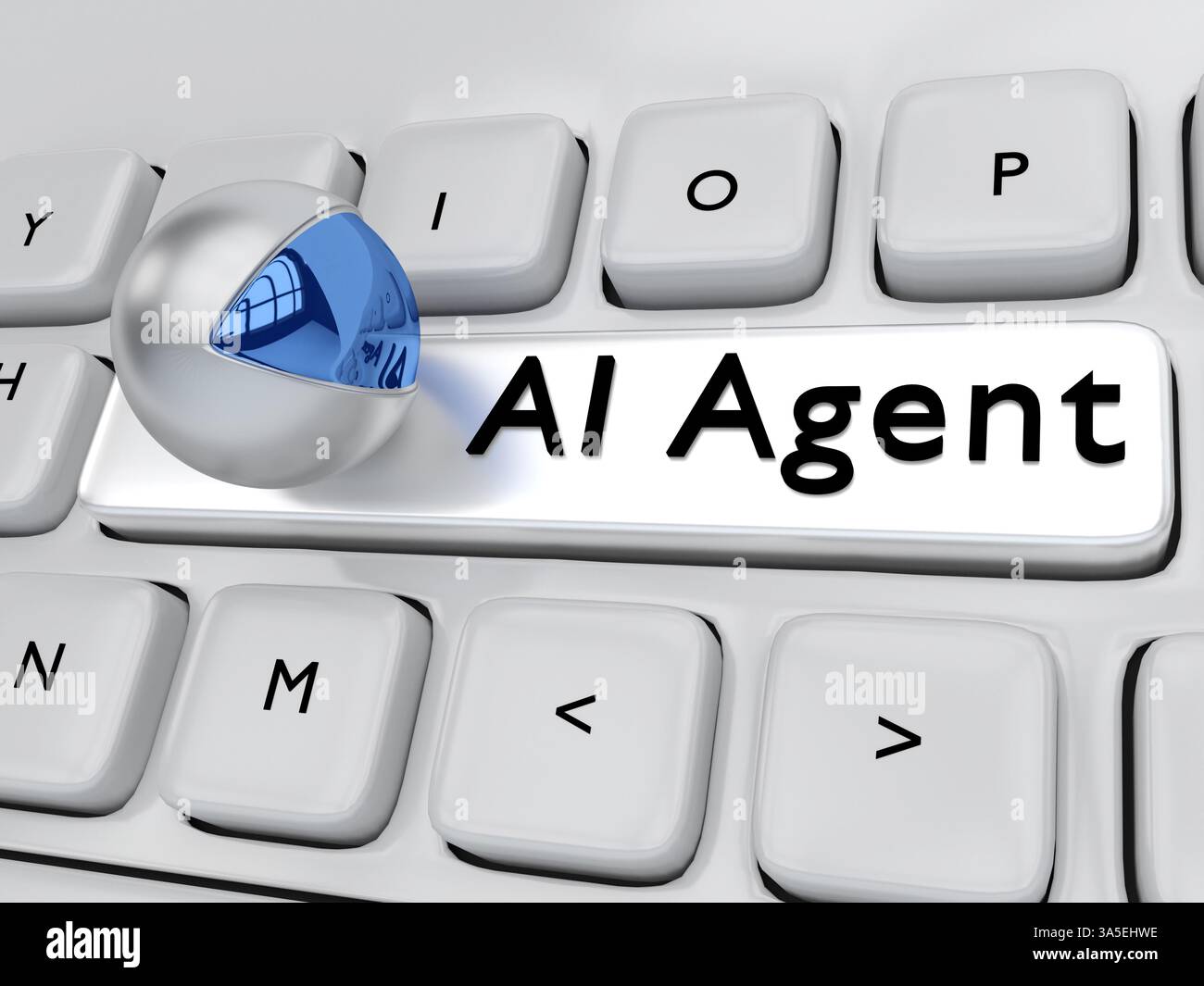 3D illustration of symbolic robotic head on a computer keyboard, along with the script AI Agent ...
