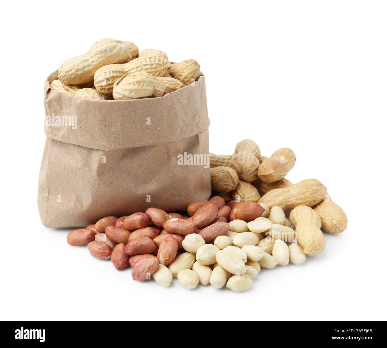 Fresh unpeeled peanuts in paper bag and peeled ones isolated on white ...