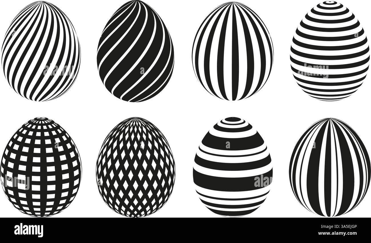 Set of Easter eggs with black and white optical illusion patterns on a ...