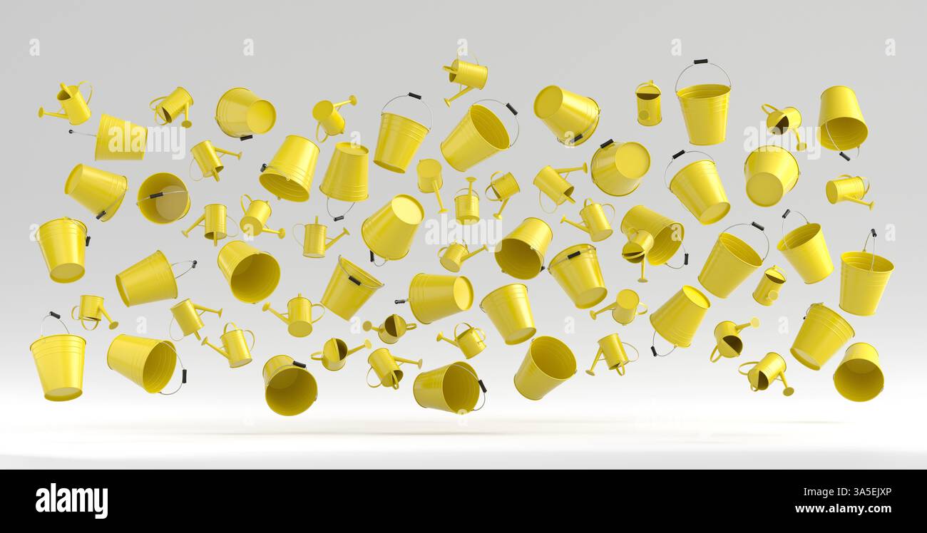 Many of flying garden buckets for hydration of plants on white ...