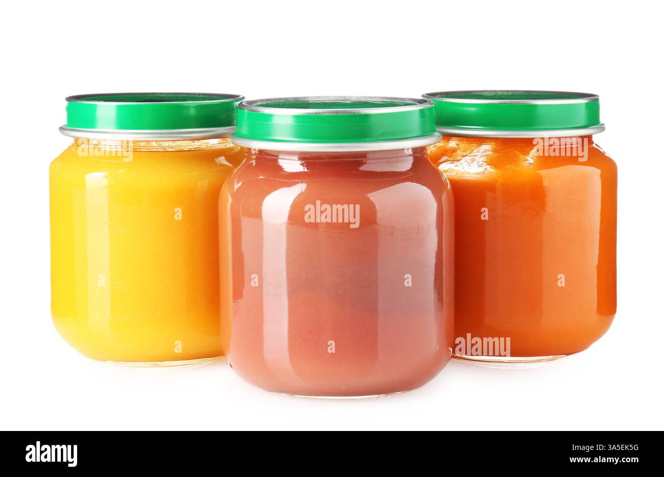 Baby food. Tasty puree in glass jars isolated on white Stock Photo - Alamy
