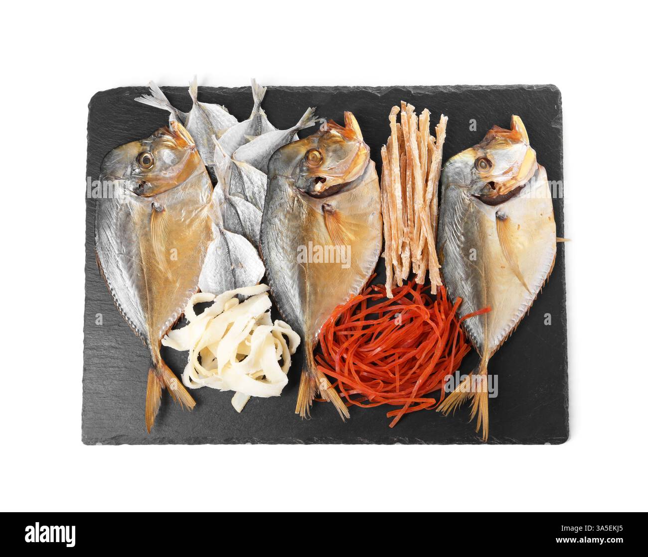 Many different dried fish snacks isolated on white, top view Stock ...
