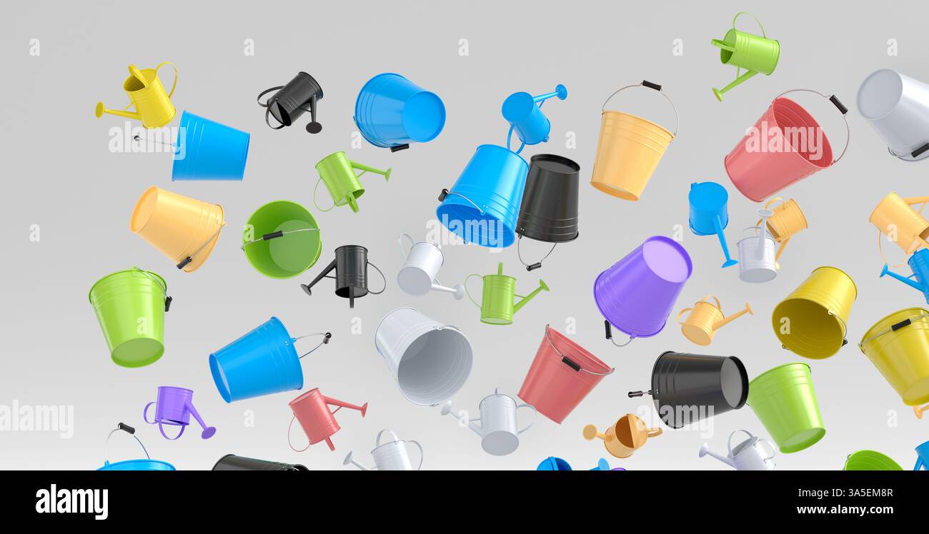 Many of flying garden buckets for hydration of plants on white ...