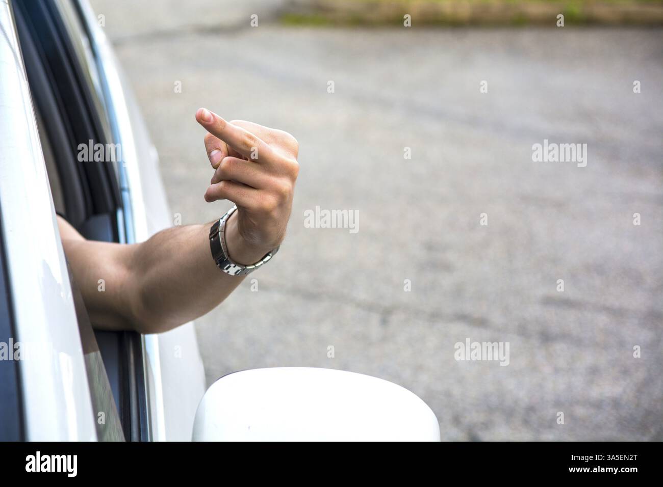 Anonymous Man Making Rude Gesture from Open Car Window, Close Up of Man ...