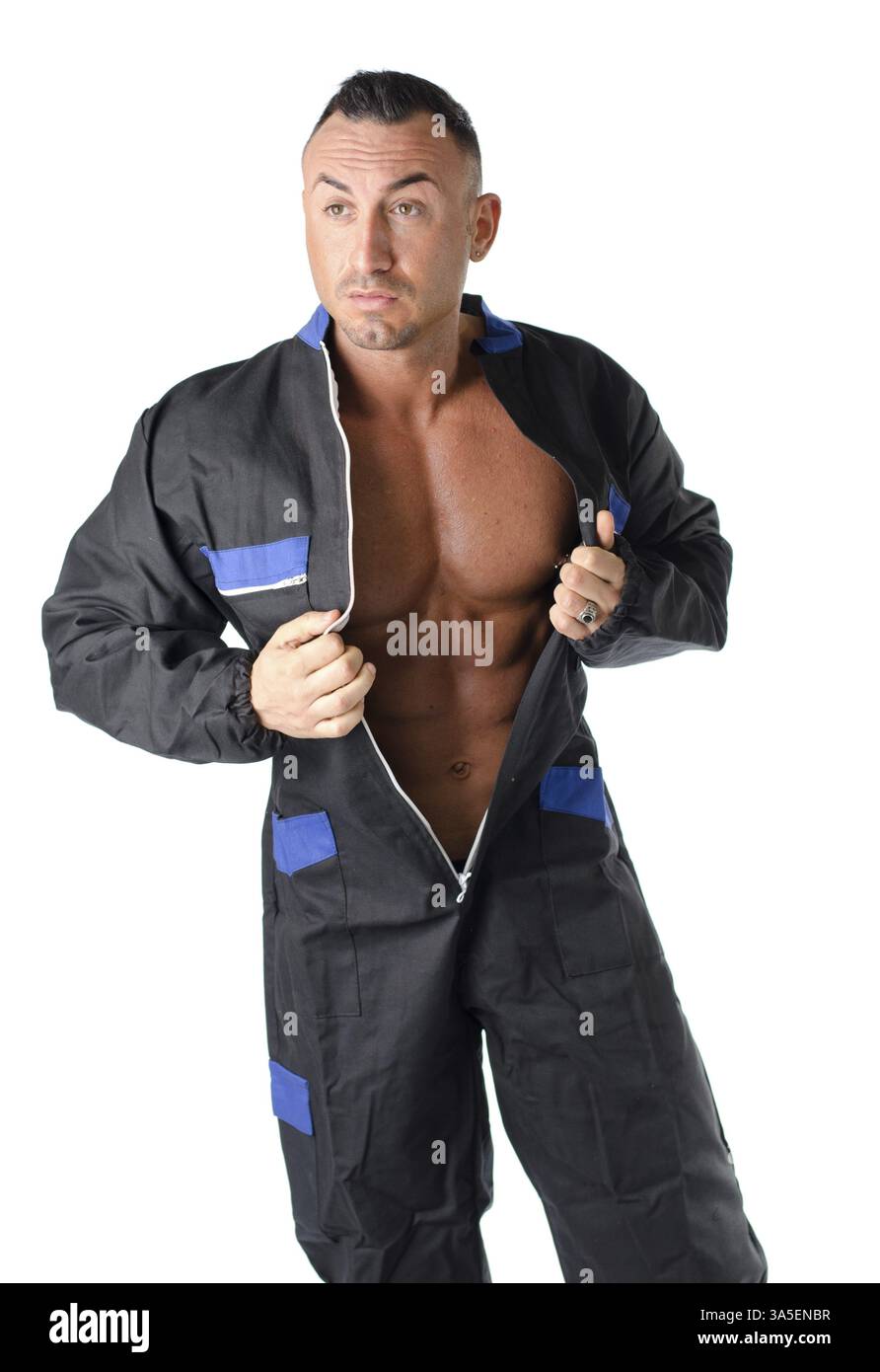 Bodybuilder Mechanic Opening Coverall To Show Muscular Body Chest