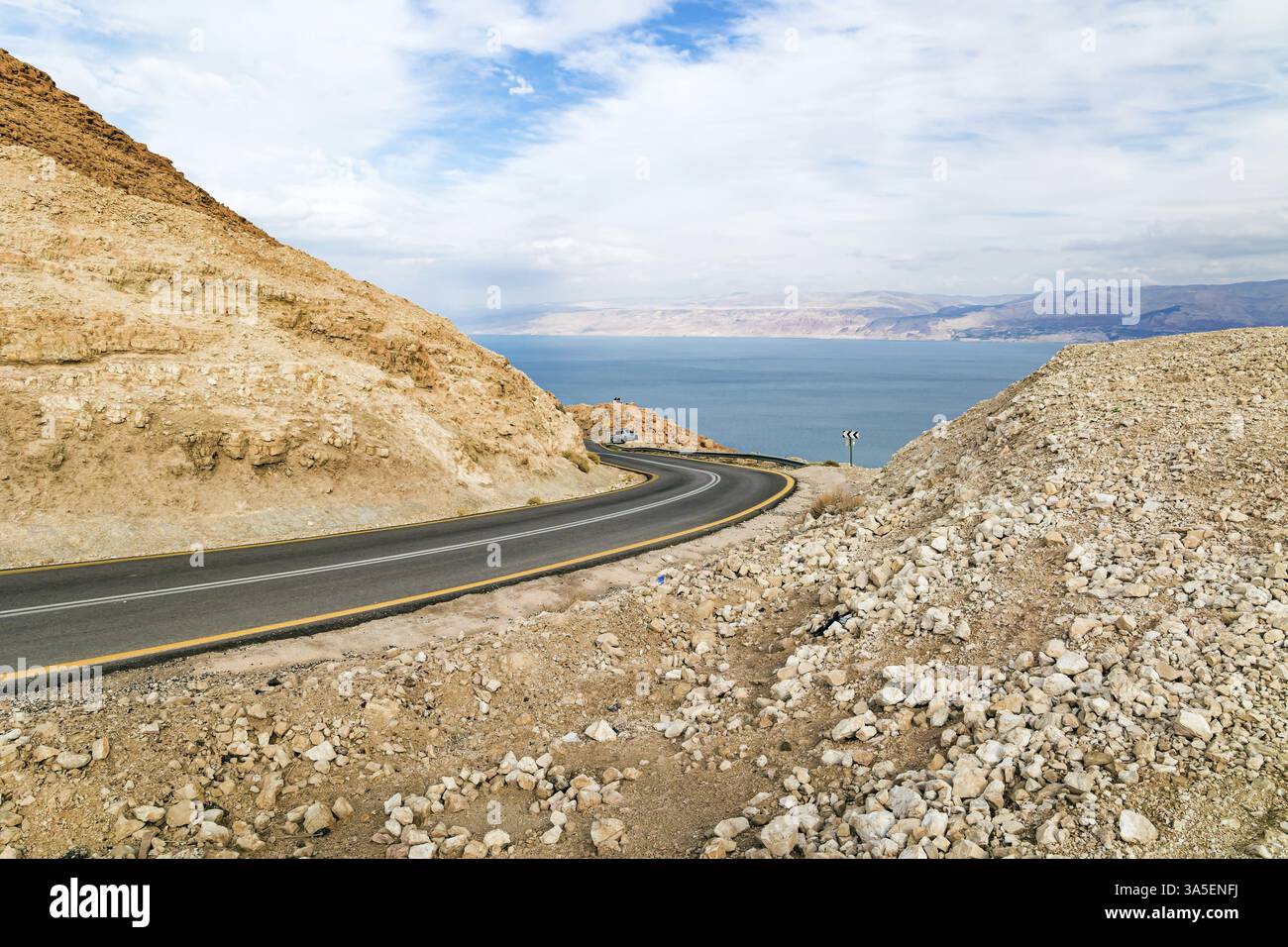 Magnificent paved highway along the seashore. The most salty sea on ...