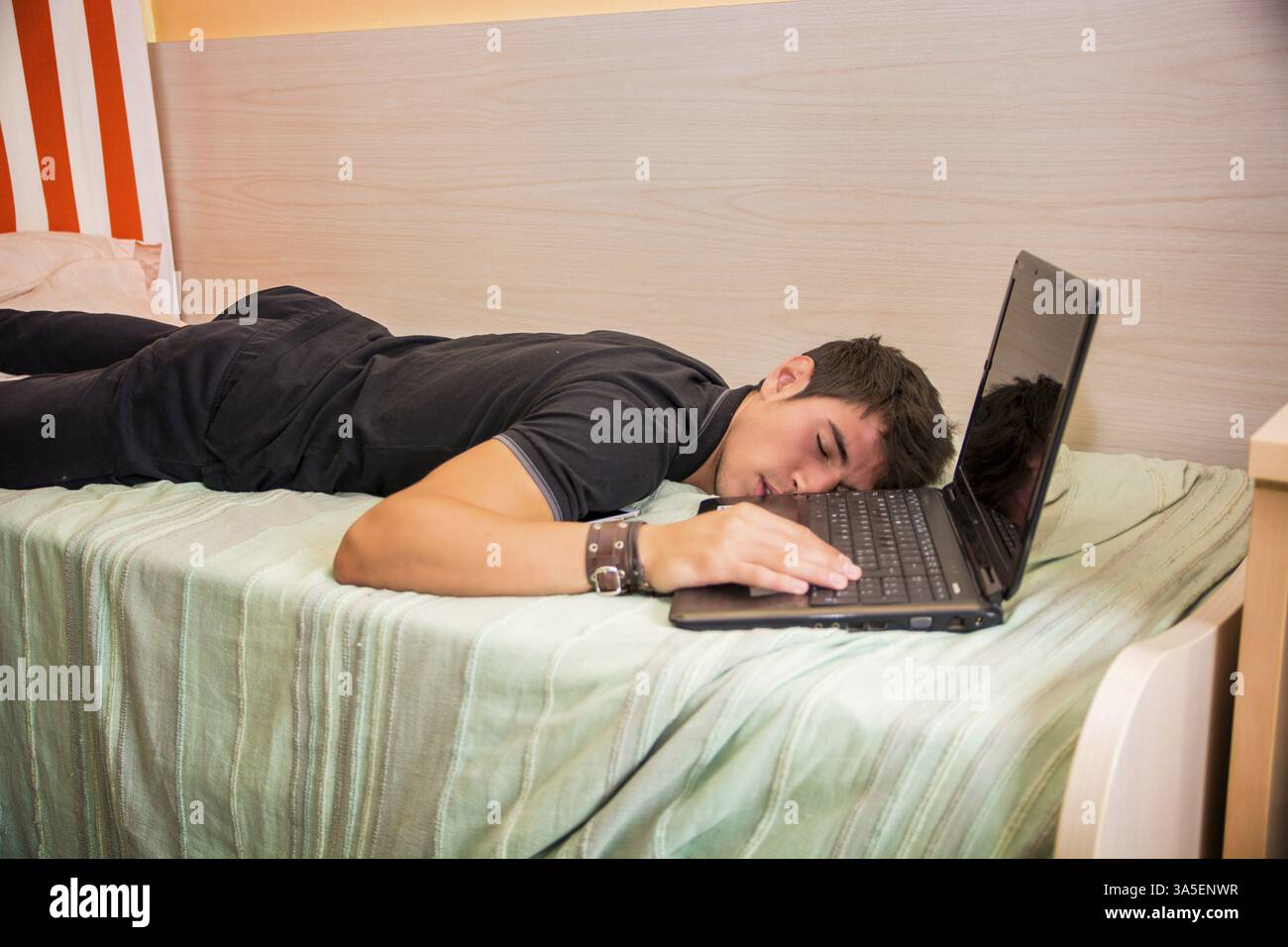Close Up of Tired Young Man with Dark Hair Sleeping on Floor Next to ...