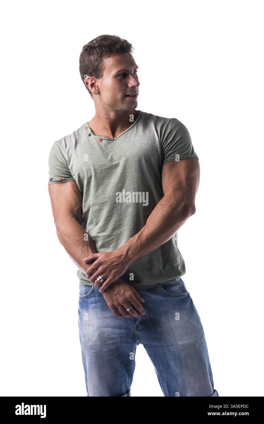 Handsome muscular fit young man isolated on white background looking to ...