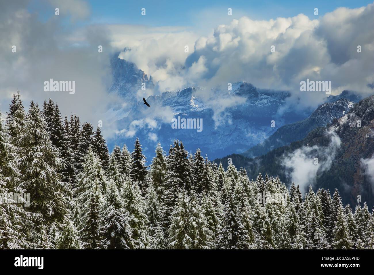 The magnificent landscape of the Dolomites in the snow. Cumulus clouds ...