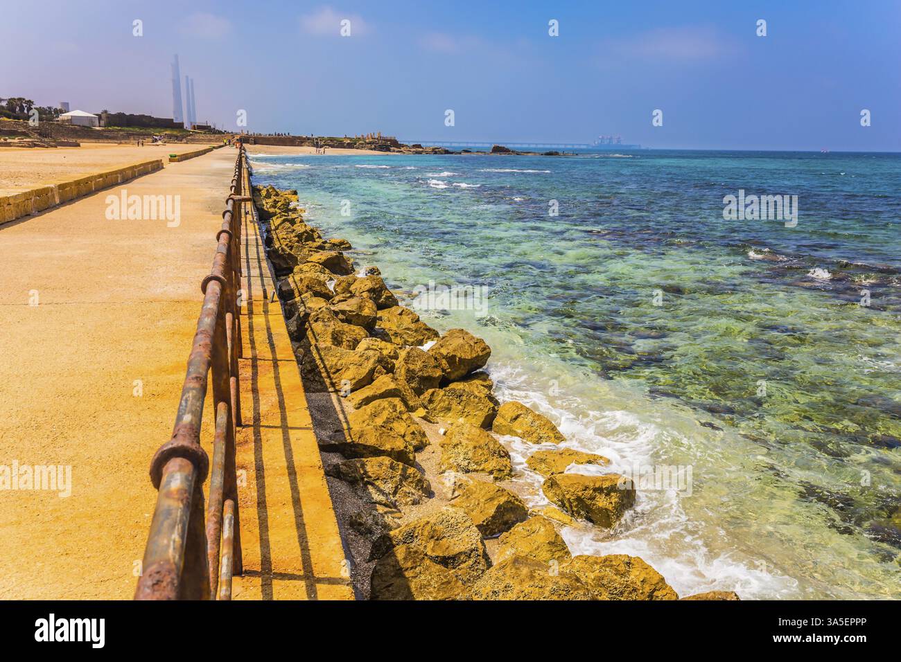 The port of King Herod in ancient Caesarea and the restored embankment ...