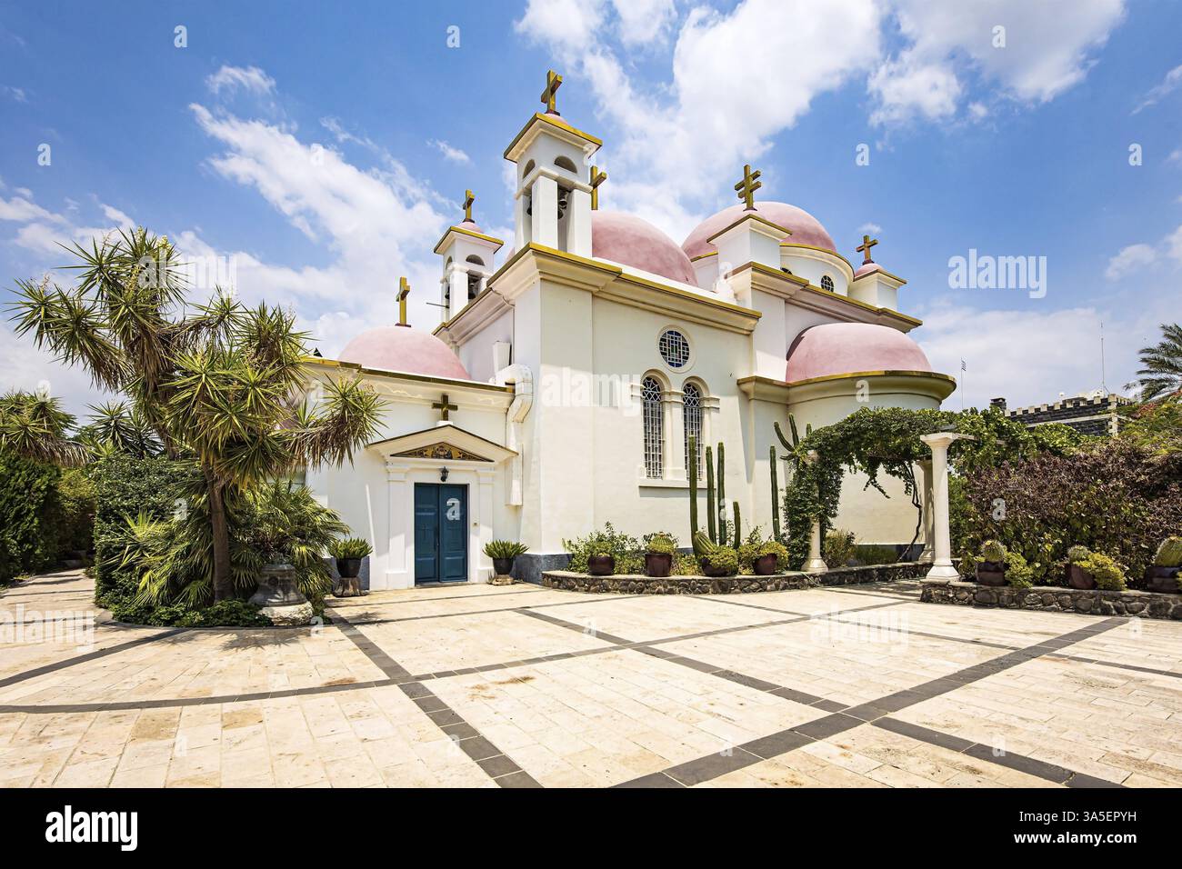 Pink domes and snow-white walls of the monastery on the shores of the ...