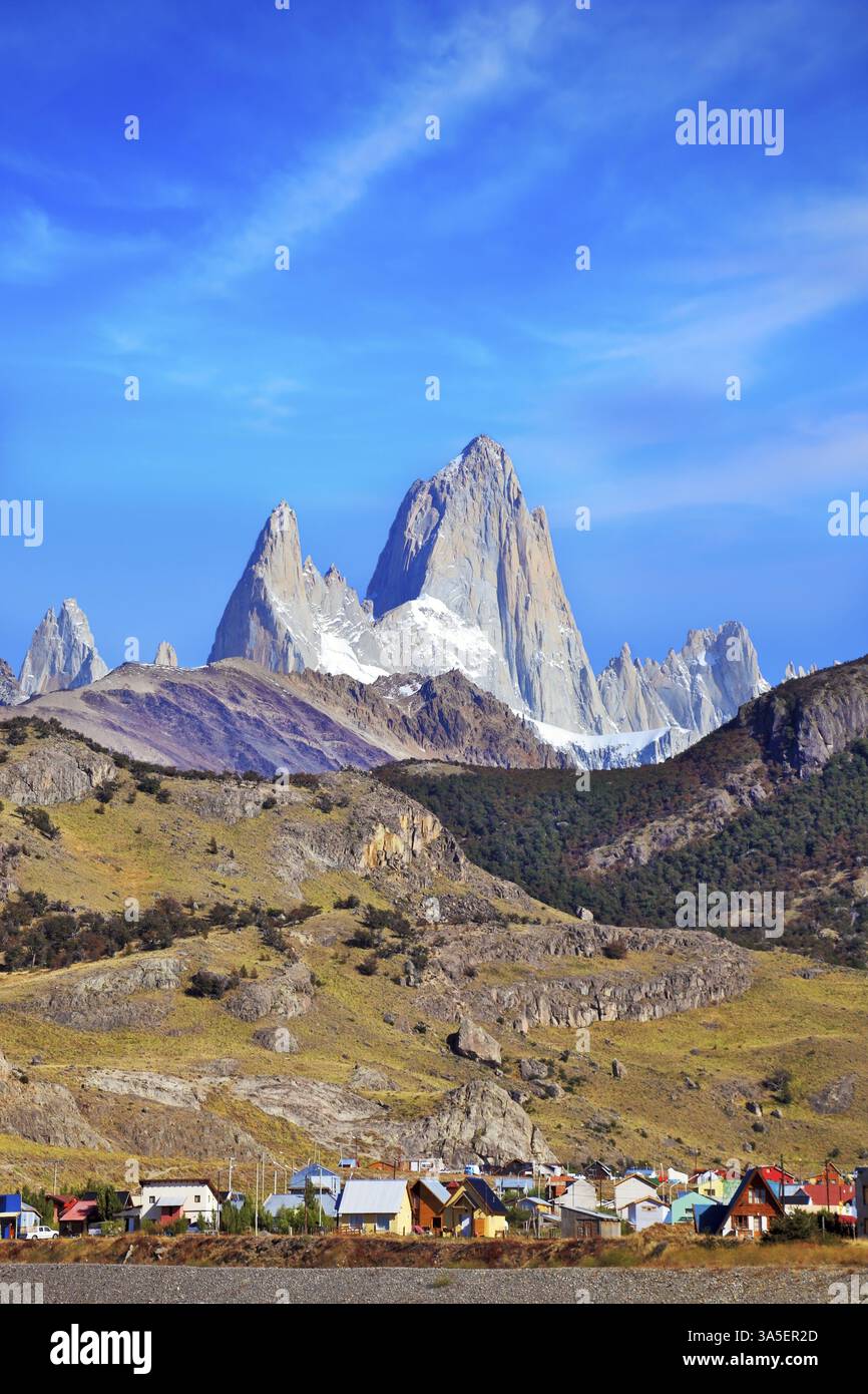 Famous rock Fitz Roy peaks in the Andes. Magnificent panorama of snow ...