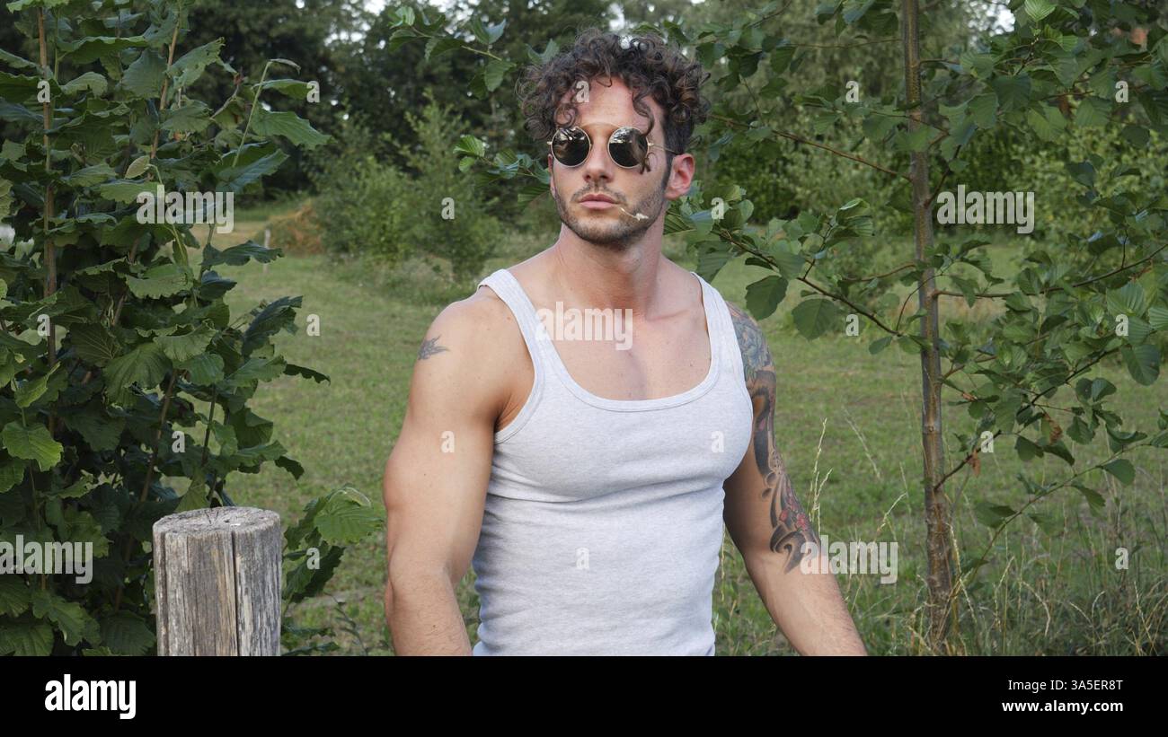 Handsome Muscular Hunk Man Outdoor in Countryside Standing on Grass ...