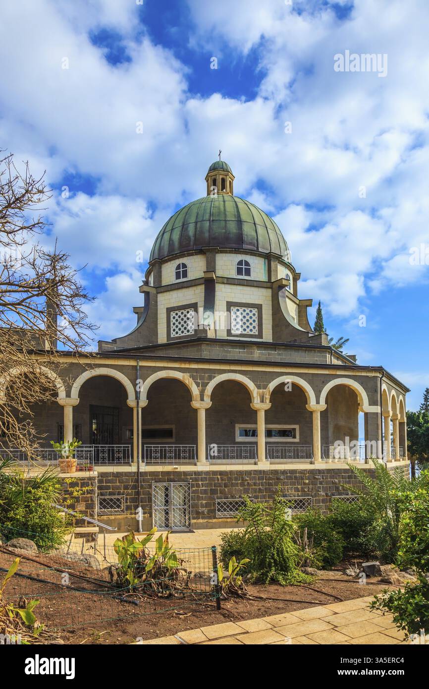 Church Sermon on the Mount - Mount of Beatitudes. The majestic dome of ...