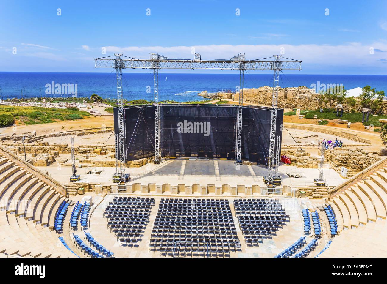 The oldest Roman amphitheater in Israel, built at Tsar Herod. The scene ...