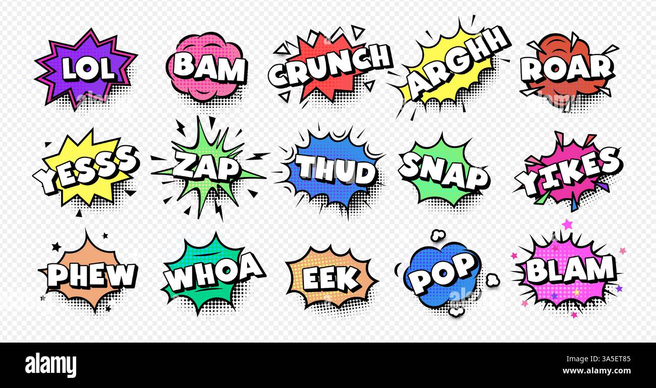 Colorful comic art sound effect words with speech bubbles, explosions ...
