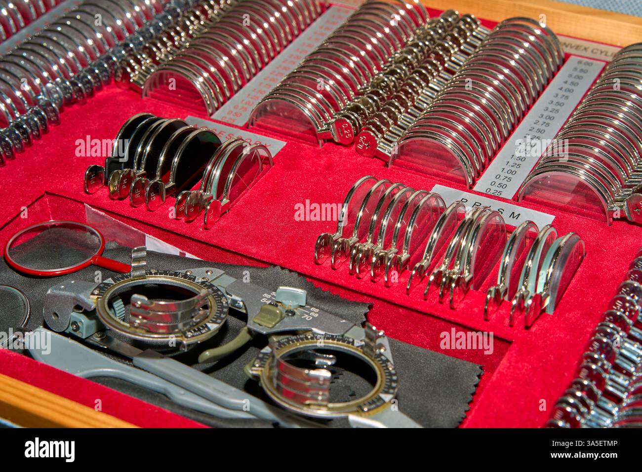 Trial lens set for refraction in a wooden box, essential equipment for ...